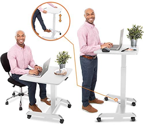 Stand Steady Multifunctional Mobile Podium Desk | Portable Sit to Stand Lectern with Pneumatic Height Adjustment & Tilting Desktop | Rolling Laptop Stand | Mobile Desk for School, Home, Office (White)