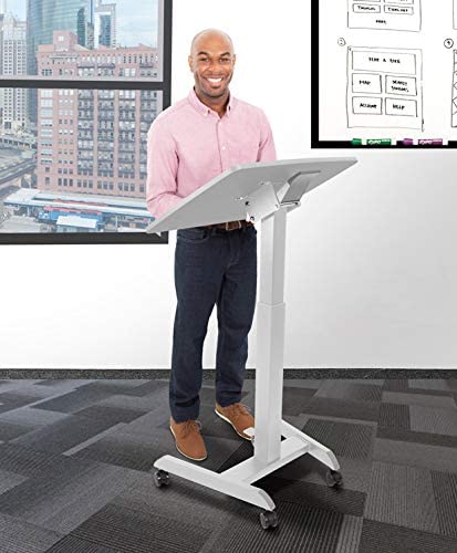 Stand Steady Multifunctional Mobile Podium Desk | Portable Sit to Stand Lectern with Pneumatic Height Adjustment & Tilting Desktop | Rolling Laptop Stand | Mobile Desk for School, Home, Office (White)