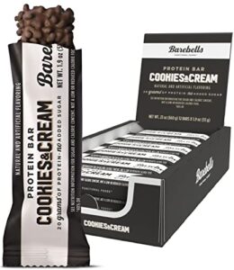 barebells protein bars cookies & cream - 12 count, 1.9oz bars - protein snacks with 20g of high protein - chocolate protein bar with 1g of total sugars - on the go protein snack & breakfast bars