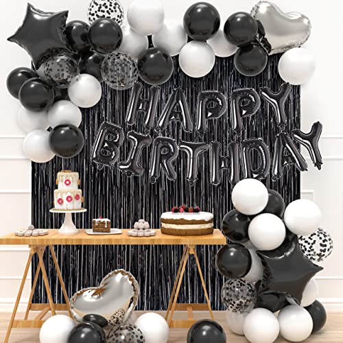 JOYYPOP Birthday Party Decorations Happy Birthday Balloons Banner with Black and White Balloons Set, Black Foil Fringe Curtain for Men Women Adults Birthday Party (Black）