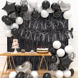 joyypop birthday party decorations happy birthday balloons banner with black and white balloons set, black foil fringe curtain for men women adults birthday party (black）