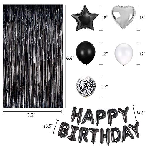 JOYYPOP Birthday Party Decorations Happy Birthday Balloons Banner with Black and White Balloons Set, Black Foil Fringe Curtain for Men Women Adults Birthday Party (Black）