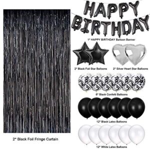 JOYYPOP Birthday Party Decorations Happy Birthday Balloons Banner with Black and White Balloons Set, Black Foil Fringe Curtain for Men Women Adults Birthday Party (Black）