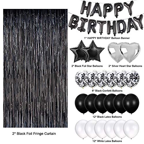 JOYYPOP Birthday Party Decorations Happy Birthday Balloons Banner with Black and White Balloons Set, Black Foil Fringe Curtain for Men Women Adults Birthday Party (Black）