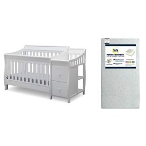 delta children bentley s convertible crib n changer, white + serta perfect slumber dual sided recycled fiber core crib and toddler mattress (bundle)