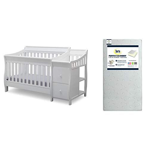 Delta Children Bentley S Convertible Crib N Changer, White + Serta Perfect Slumber Dual Sided Recycled Fiber Core Crib and Toddler Mattress (Bundle)