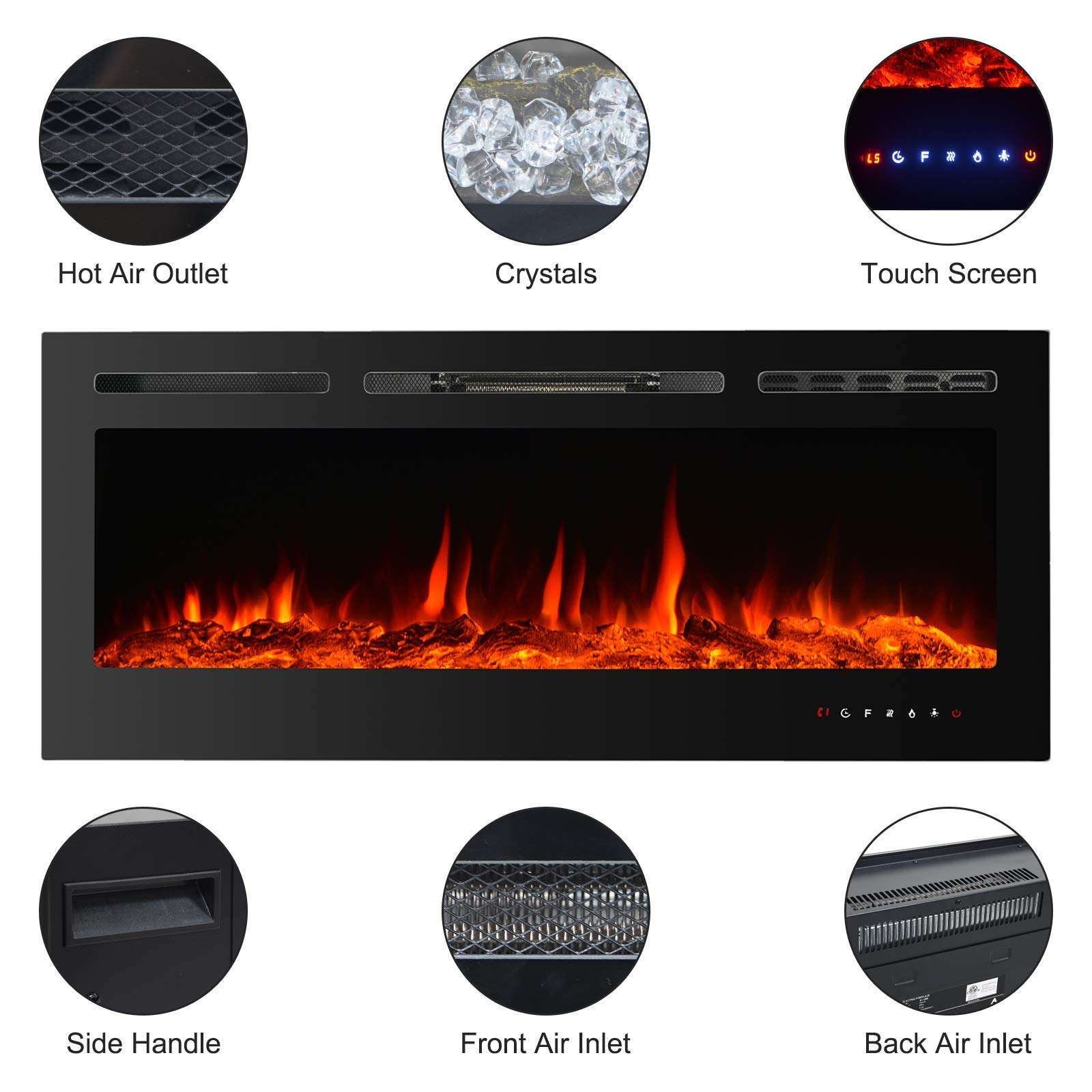 CharaVector Electric Fireplaces Recessed Wall Mounted Fireplace Insert 50 Inch Wide Heater LED Fire Place Remote Control & Touch Screen, 1-12 Hours Timer, 12 Color Flame and Log Color