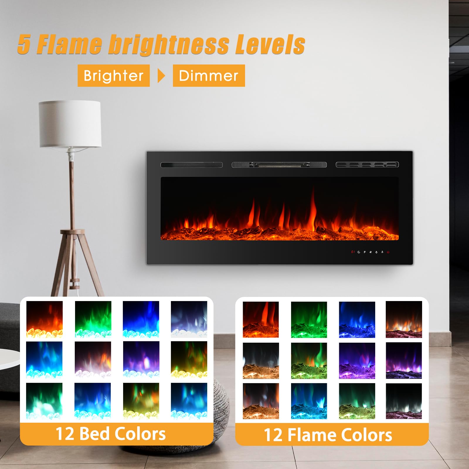 CharaVector Electric Fireplaces Recessed Wall Mounted Fireplace Insert 50 Inch Wide Heater LED Fire Place Remote Control & Touch Screen, 1-12 Hours Timer, 12 Color Flame and Log Color