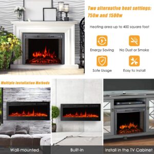 CharaVector Electric Fireplaces Recessed Wall Mounted Fireplace Insert 50 Inch Wide Heater LED Fire Place Remote Control & Touch Screen, 1-12 Hours Timer, 12 Color Flame and Log Color