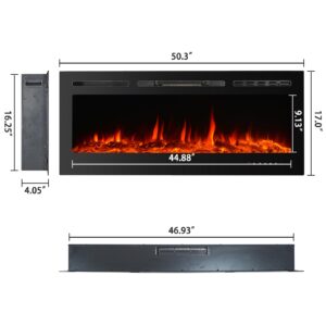 CharaVector Electric Fireplaces Recessed Wall Mounted Fireplace Insert 50 Inch Wide Heater LED Fire Place Remote Control & Touch Screen, 1-12 Hours Timer, 12 Color Flame and Log Color