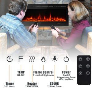 CharaVector Electric Fireplaces Recessed Wall Mounted Fireplace Insert 50 Inch Wide Heater LED Fire Place Remote Control & Touch Screen, 1-12 Hours Timer, 12 Color Flame and Log Color