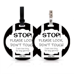 no touching newborn baby car set sign or stroller tag, do not touch baby sign for baby girl, baby preemie gender neutral no touch safety sign with hanging straps and clip (black and white, 2 pack set)