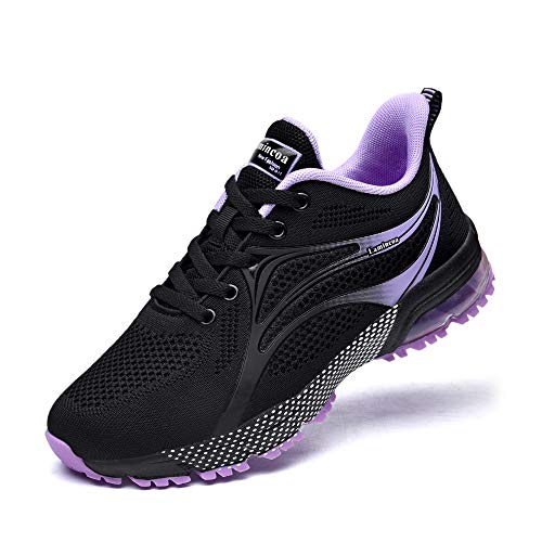 Lamincoa Women's Fashion Sneakers Anti-Slip Rubber Outsole Colorful Athletic Running Shoes for Long Time Stand Black-Purple 9