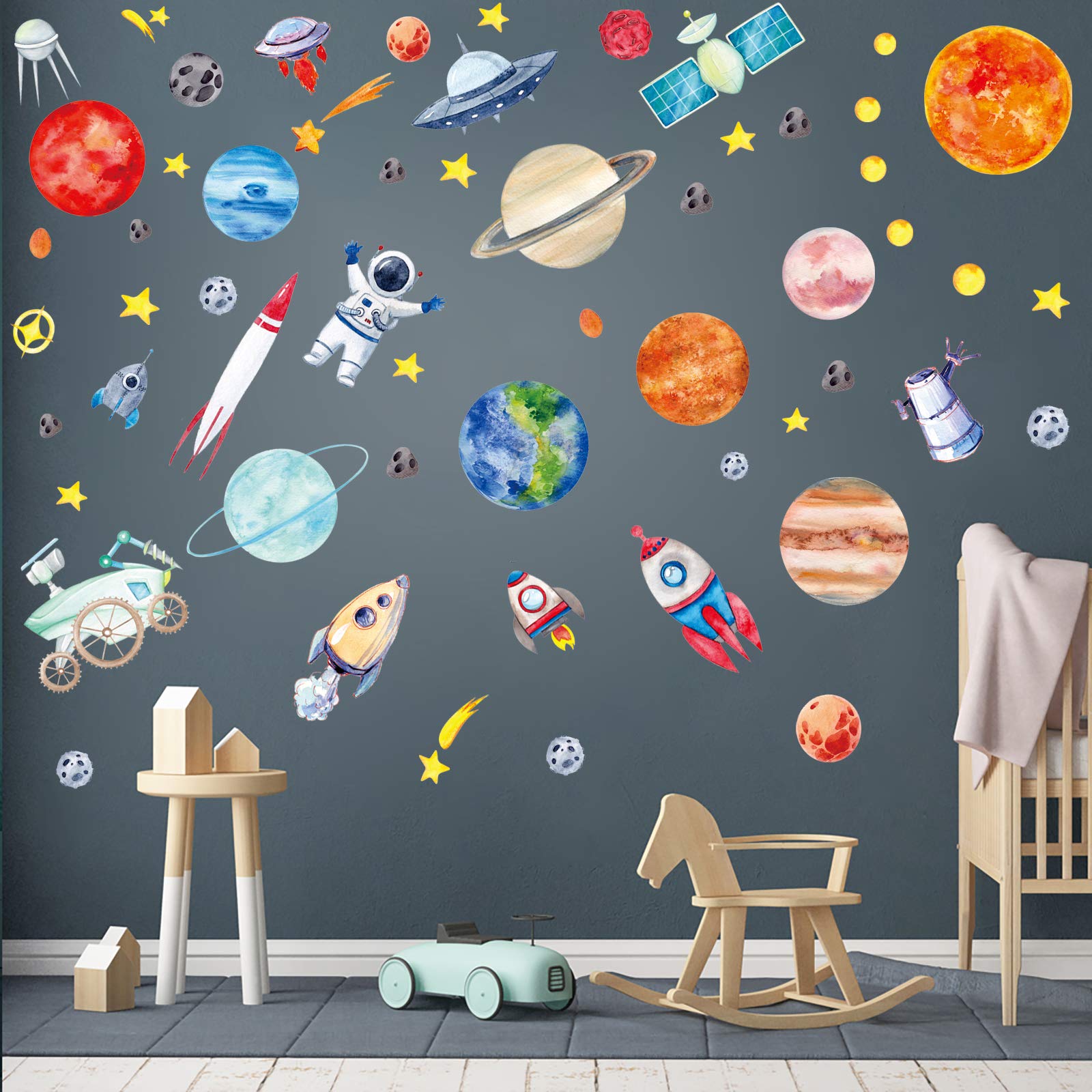 Space Wall Decals,Space Wall Stickers Planets Astronaut Rocket Spacecraft Alien Galaxy Wall Decals Solar System Stickers Outer Space Room Decor for Kids Boys Girls Toddler Nursery Bedroom Decor