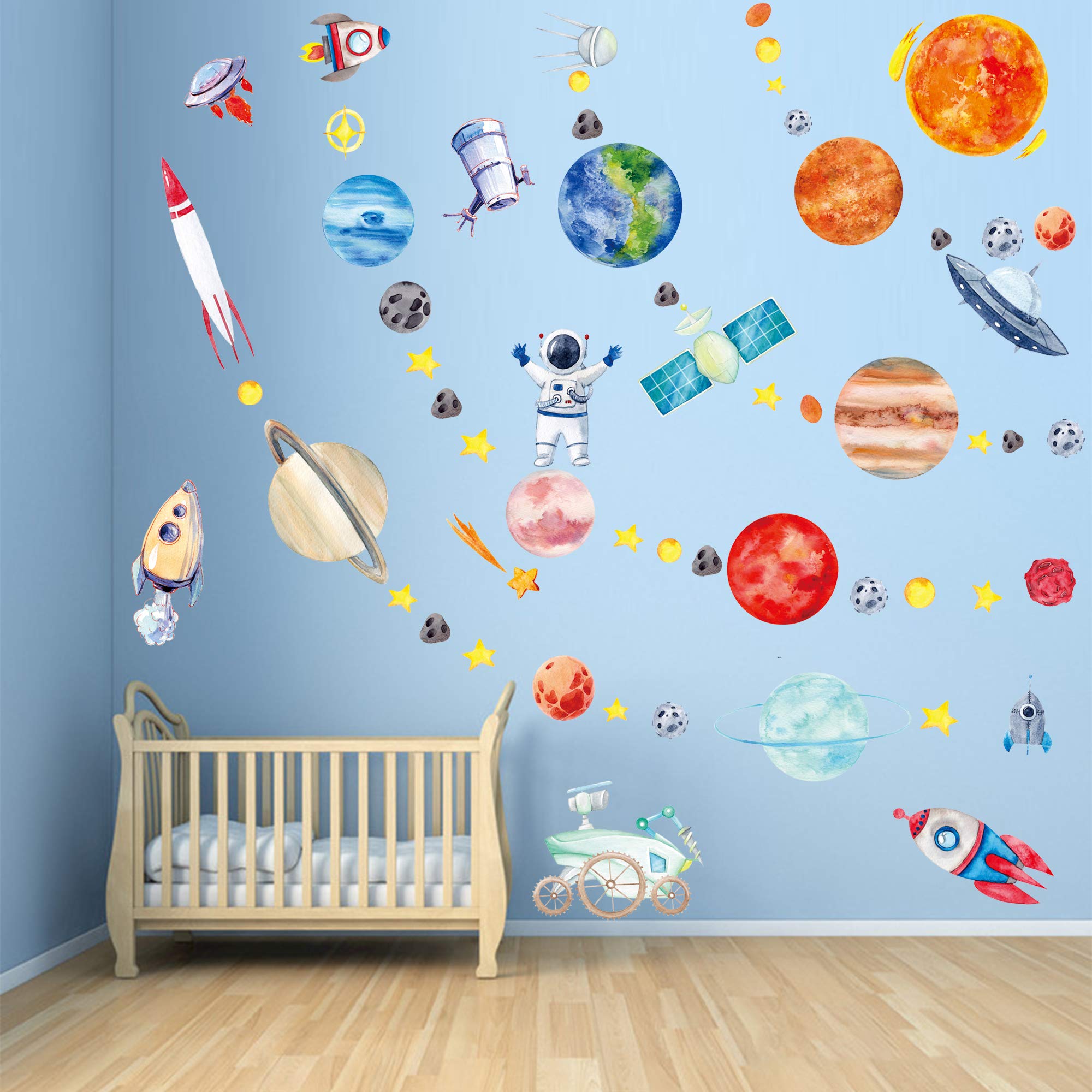 Space Wall Decals,Space Wall Stickers Planets Astronaut Rocket Spacecraft Alien Galaxy Wall Decals Solar System Stickers Outer Space Room Decor for Kids Boys Girls Toddler Nursery Bedroom Decor