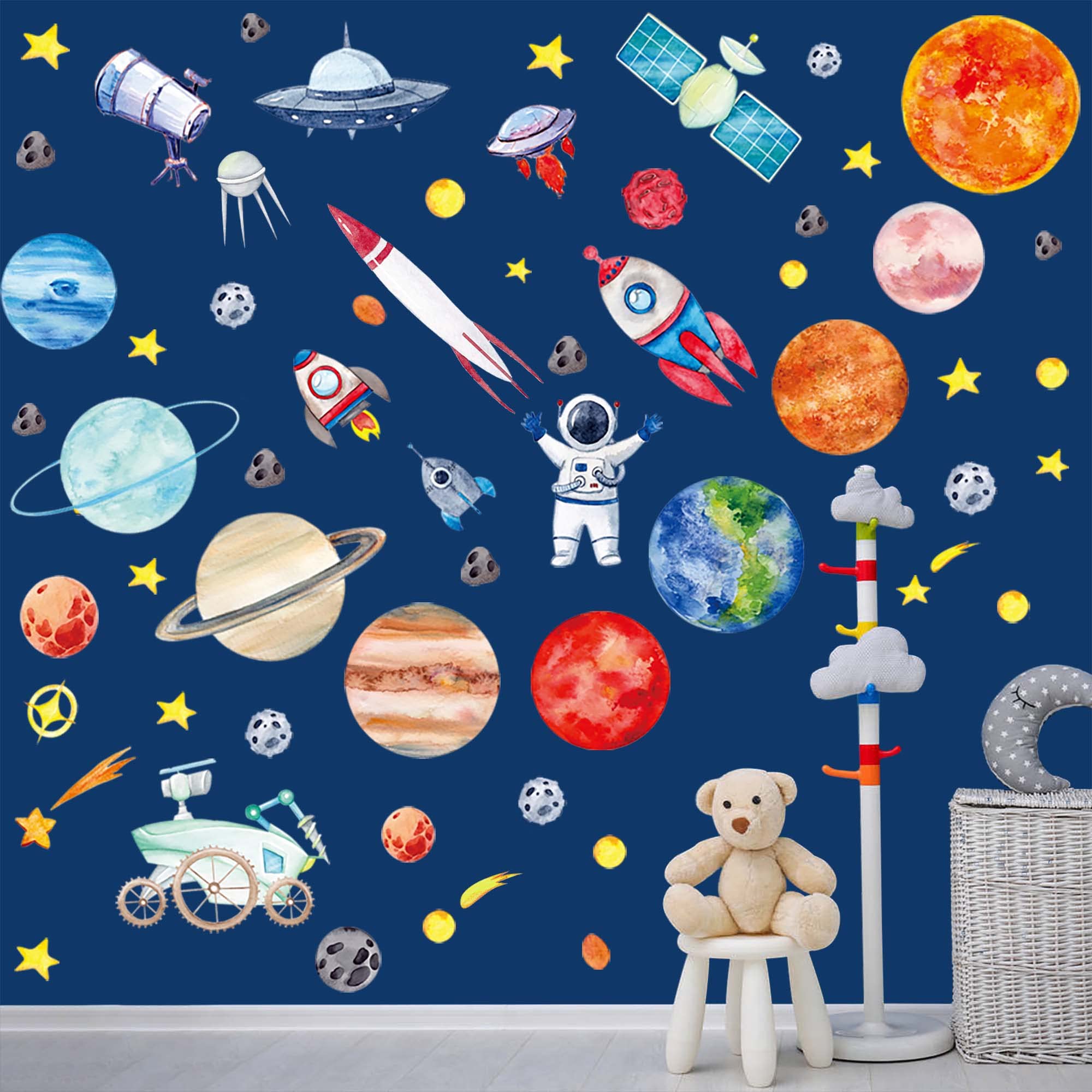 Space Wall Decals,Space Wall Stickers Planets Astronaut Rocket Spacecraft Alien Galaxy Wall Decals Solar System Stickers Outer Space Room Decor for Kids Boys Girls Toddler Nursery Bedroom Decor