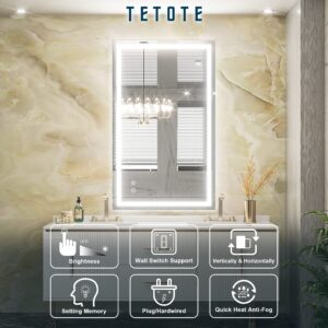 TETOTE 40 x 24 LED Bathroom Mirror LED Mirror Vanity Makeup Mirror Dimmable Anti-Fog Bathroom Lighted Mirror Wall Mounted Bathroom Decor Waterproof