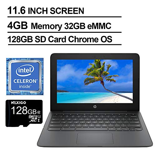 HP Chromebook 11.6 Inch Laptop, Intel Celeron N3350 up to 2.4 GHz, 4GB LPDDR2 RAM, 32GB eMMC, WiFi, Bluetooth, Webcam, Chrome OS + NexiGo 128GB MicroSD Card Bundle