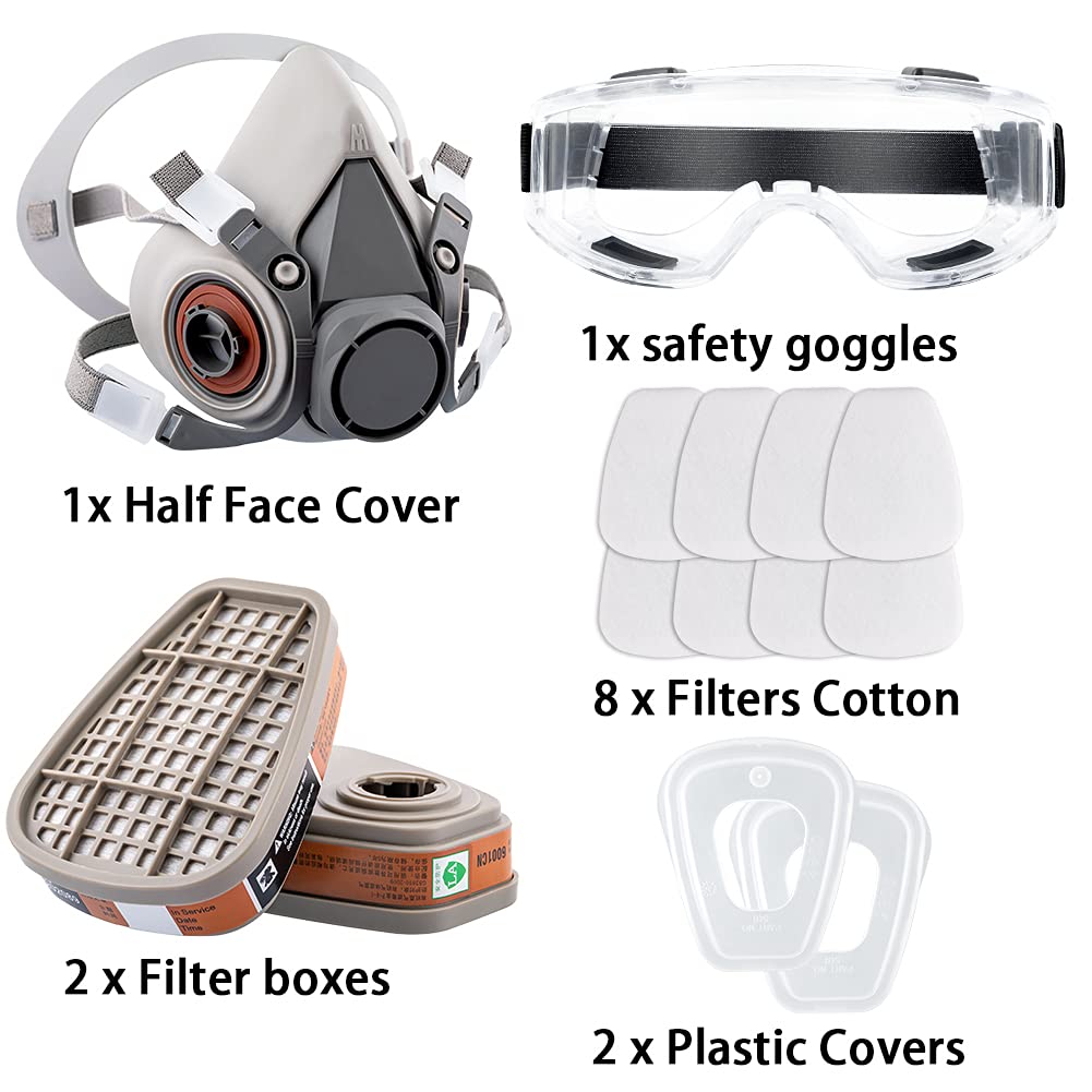 Reusable Half Face Gas Mask with Safety Glasses, Filters - For Painting, Welding, Woodworking