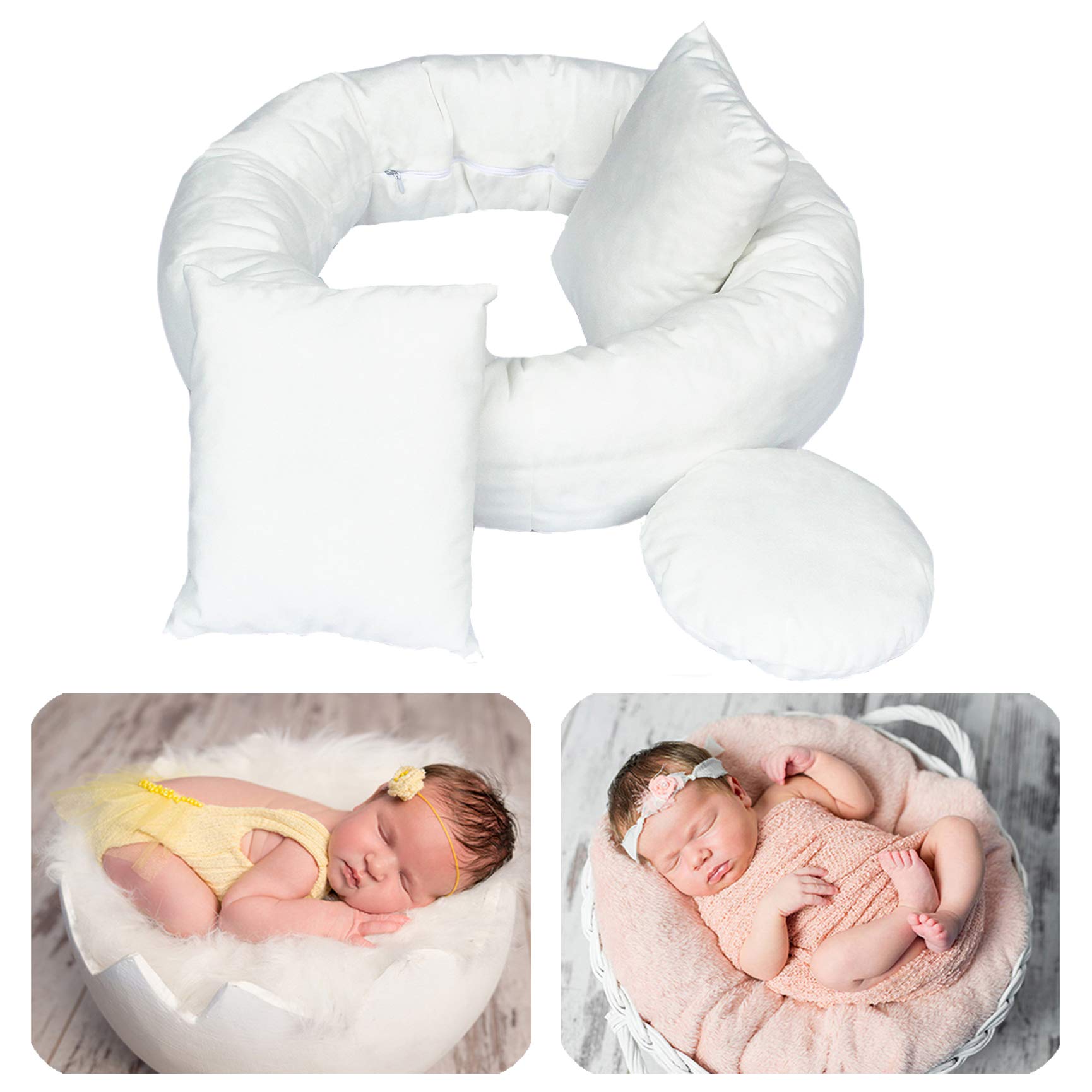 4PC Newborn Photography Props Baby Posing Aid Pillow Beans Bag 1pc Donut +3 pcs Posing Pillow Photograph Shoot Set for 0-4 Months Baby White