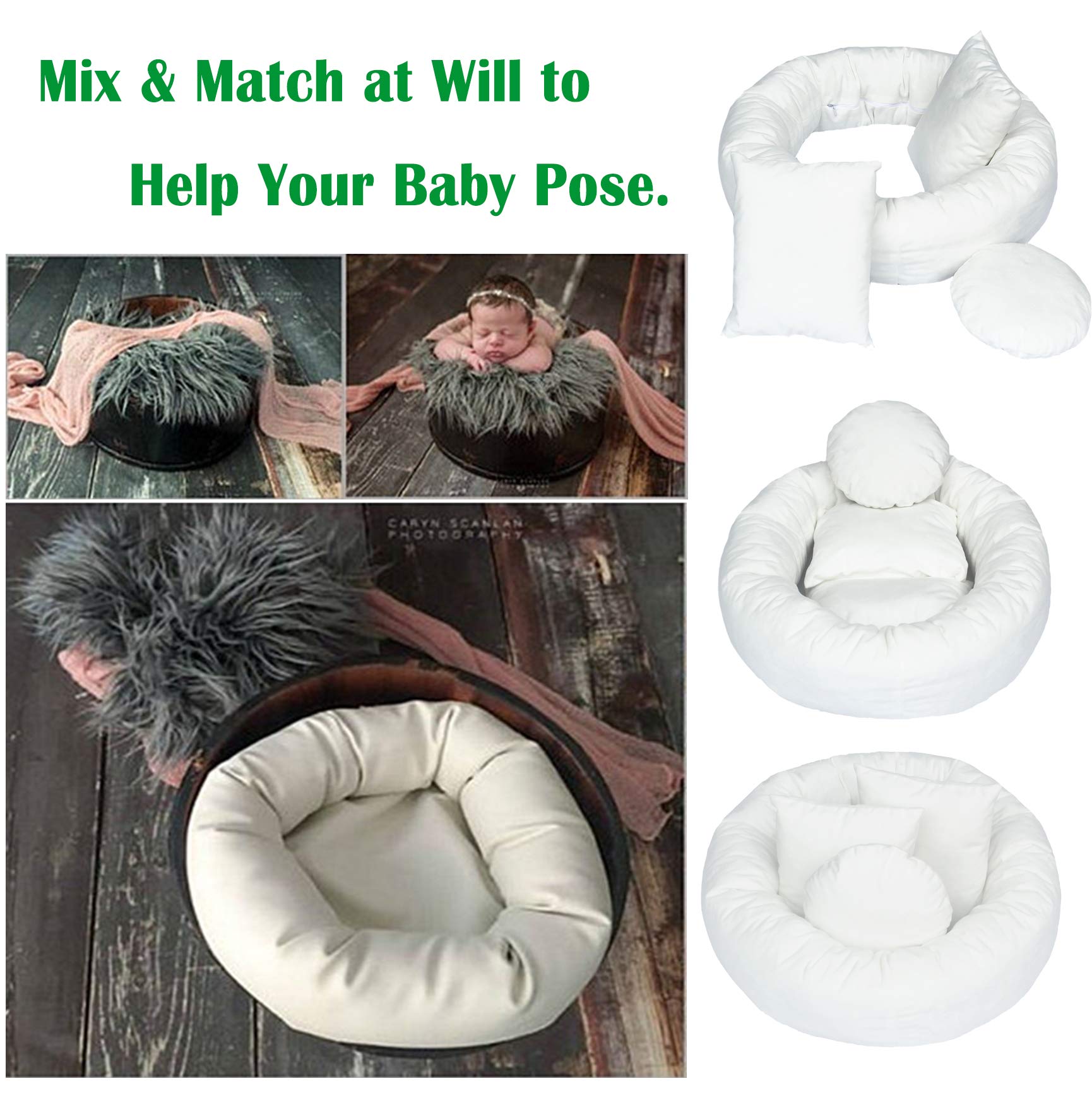 4PC Newborn Photography Props Baby Posing Aid Pillow Beans Bag 1pc Donut +3 pcs Posing Pillow Photograph Shoot Set for 0-4 Months Baby White