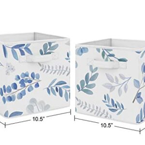 Sweet Jojo Designs Floral Leaf Foldable Fabric Storage Cube Bins Boxes Organizer Toys Kids Baby Childrens - Set of 2 - Blue Grey and White Boho Watercolor Botanical Flower Woodland Tropical Garden