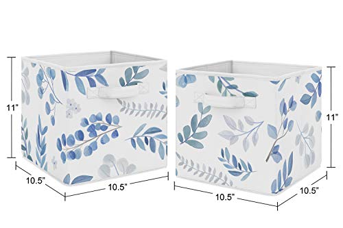 Sweet Jojo Designs Floral Leaf Foldable Fabric Storage Cube Bins Boxes Organizer Toys Kids Baby Childrens - Set of 2 - Blue Grey and White Boho Watercolor Botanical Flower Woodland Tropical Garden