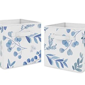 Sweet Jojo Designs Floral Leaf Foldable Fabric Storage Cube Bins Boxes Organizer Toys Kids Baby Childrens - Set of 2 - Blue Grey and White Boho Watercolor Botanical Flower Woodland Tropical Garden