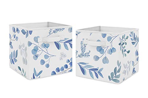 Sweet Jojo Designs Floral Leaf Foldable Fabric Storage Cube Bins Boxes Organizer Toys Kids Baby Childrens - Set of 2 - Blue Grey and White Boho Watercolor Botanical Flower Woodland Tropical Garden