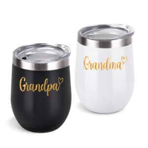 cpskup grandparents christmas gifts, grandpa and grandma wine tumbler set with lid, stemless insulated stainless steel tumbler for grandpa and grandma from grandkids grandchildren(12oz, black&white)