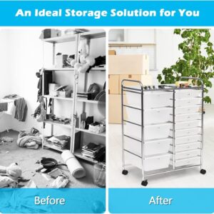 LDAILY 15-Drawer Rolling Storage Cart, Multipurpose Rolling Storage Cart, Storage Organizer on Wheels, Durable Metal Frame, Scrapbook Paper Tools, Suitable for Office School (Clear)