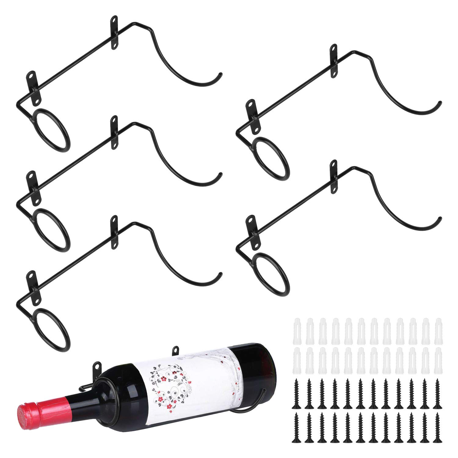 Yimerlen 6 Pcs Spiral Wine Wall Holder, Wall Mounted Wine Rack, Metal Wine Bottle Display Holder for Wine Storage Wall Wine Theme Decor, Black (to The Left Style)