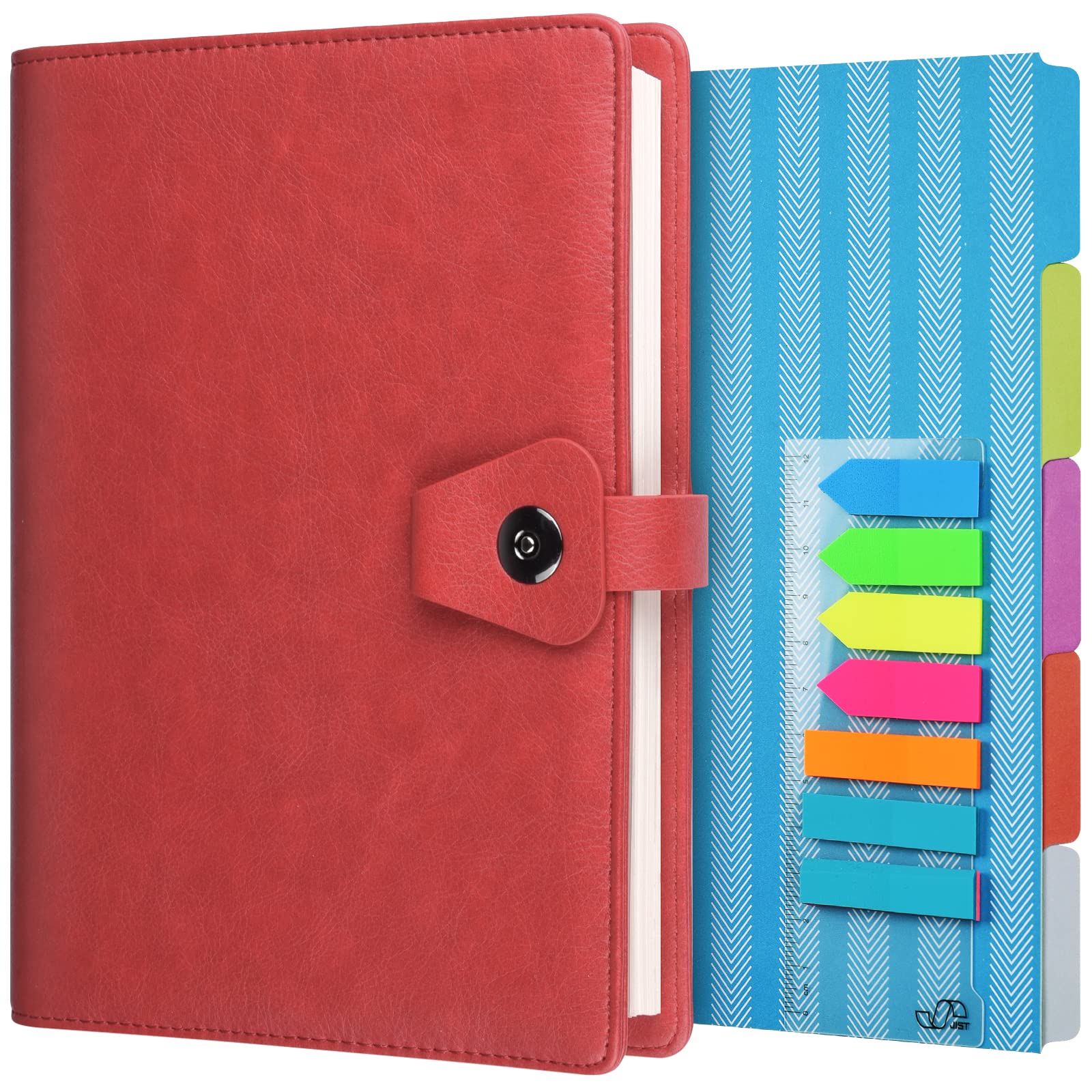 A5 Binder Journal, Refillable 6 Ring Organizer Planner Leather Business Writing Notebook, Ruled Hardcover Diary Notebook with Divider page and Index stickers-Red