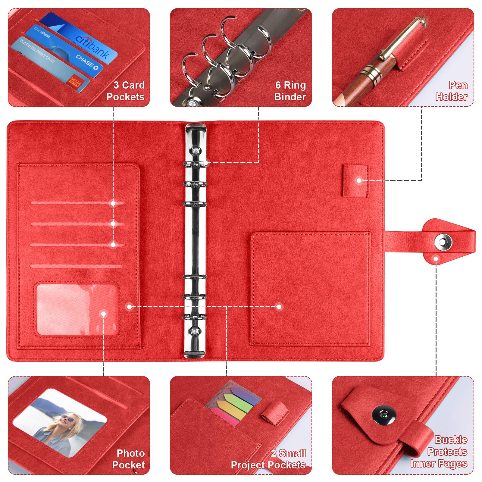 A5 Binder Journal, Refillable 6 Ring Organizer Planner Leather Business Writing Notebook, Ruled Hardcover Diary Notebook with Divider page and Index stickers-Red