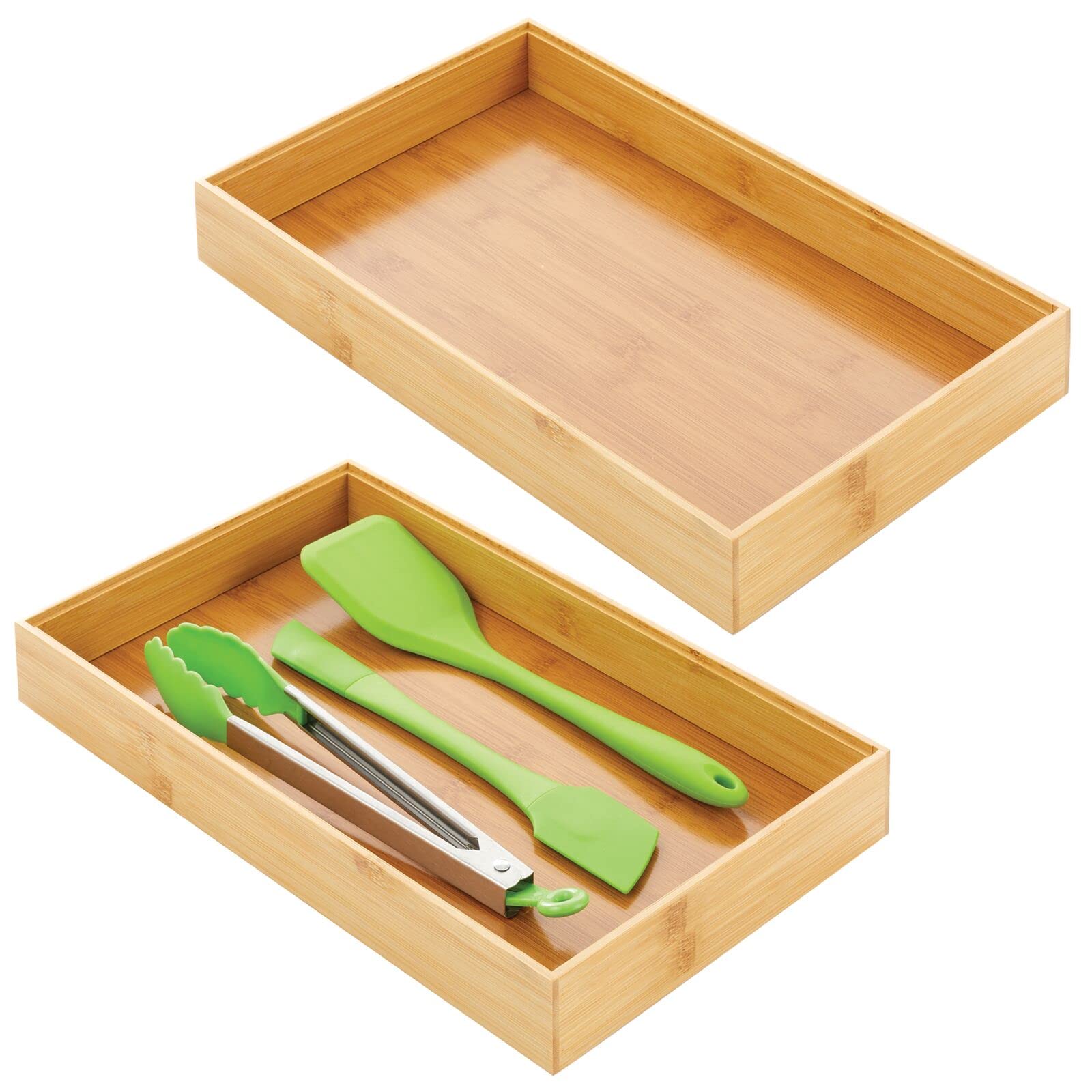 mDesign Wooden Bamboo Drawer Organizer - 15" Long Stackable Storage Box Tray for Kitchen Drawers/Cabinet - Utensil, Silverware, Spatula, and Flatware Holder - Echo Collection - 2 Pack, Natural Wood