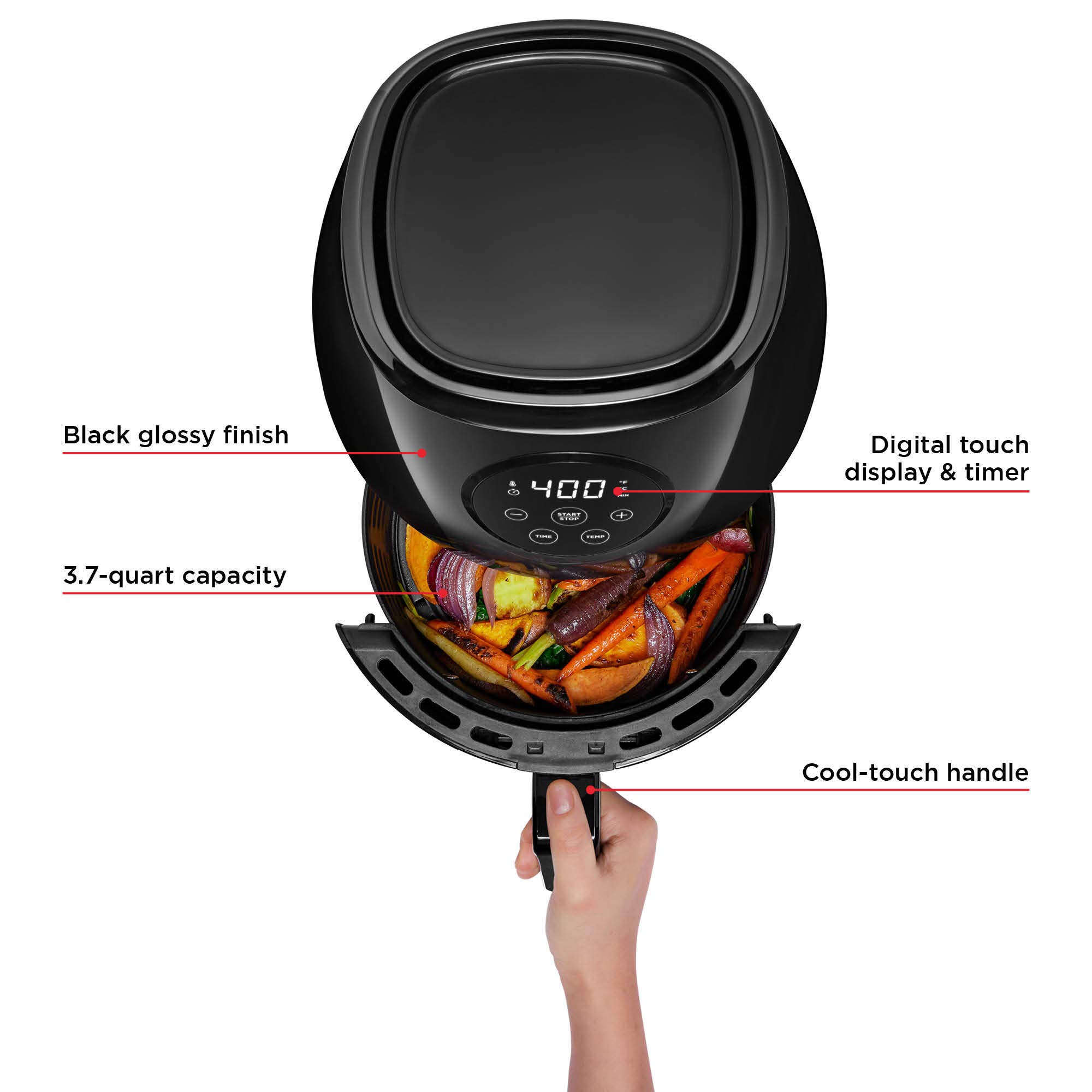 CHEFMAN Small Air Fryer Healthy Cooking, Nonstick, User Friendly and Digital Touch Screen, w/ 60 Minute Timer & Auto Shutoff, Dishwasher Safe Basket, BPA-Free, Glossy Black, 3.5 Qt.