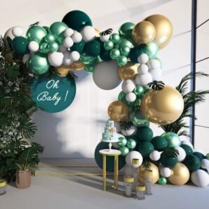 soonlyn jungle party decorations balloon garland arch kit 125 pcs, double stuffed emerald green gold matellic white balloons with large leaves for safari birthday party decorations baby shower