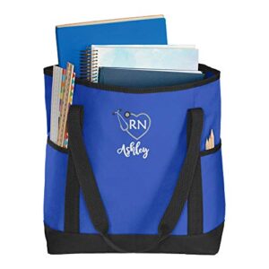 The Crafty Engineer Personalized RN Nurse Tote Bag With Zipper and Side Pockets (Royal)