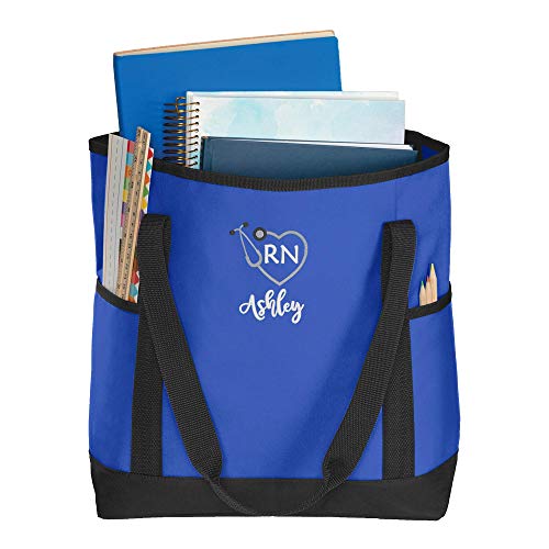 The Crafty Engineer Personalized RN Nurse Tote Bag With Zipper and Side Pockets (Royal)