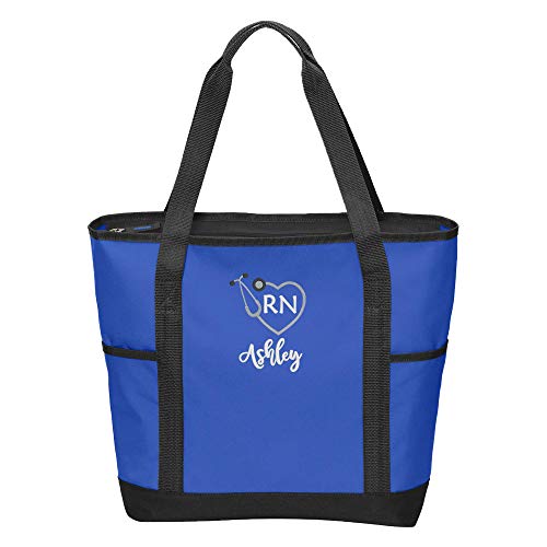 The Crafty Engineer Personalized RN Nurse Tote Bag With Zipper and Side Pockets (Royal)