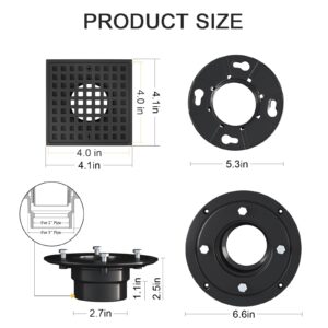 4-1/4" Square Shower Floor Drain with Black Matte Strainer(Checkered