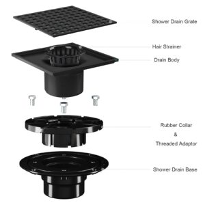 4-1/4" Square Shower Floor Drain with Black Matte Strainer(Checkered