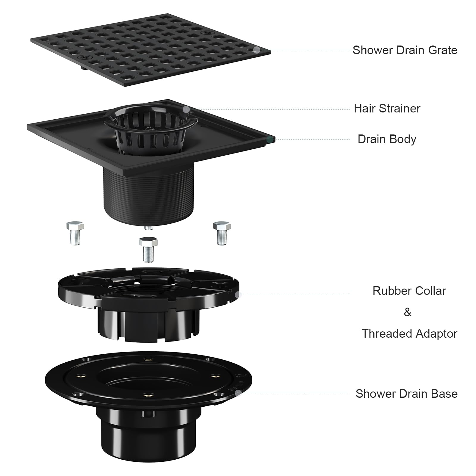 4-1/4" Square Shower Floor Drain with Black Matte Strainer(Checkered