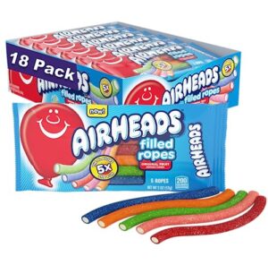 airheads soft filled ropes, soft and chewy candy ropes, original fruit flavors, concessions movie theater parties, 2oz packs, box of 18