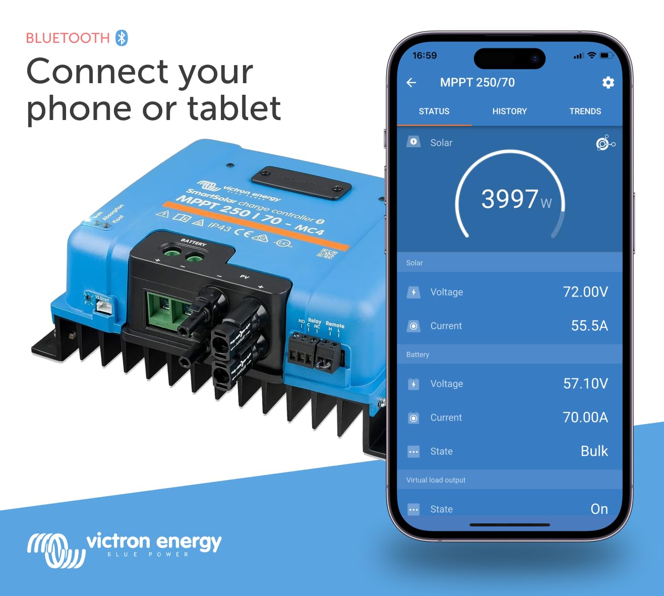 Victron Energy SmartSolar MPPT MC4 250V 70 amp 12/24/36/48-Volt Solar Charge Controller (Bluetooth)