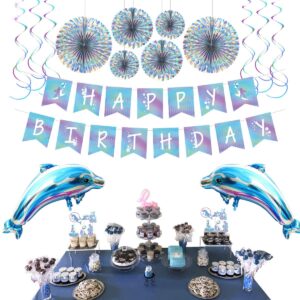 Dolphin Party Decoration Birthday Party Decoration Blue Party Decoration Ocean Party Decoration Include Balloons, Spiral Charms, Paper Fans, Cupcake Toppers, Happy Birthday Banner