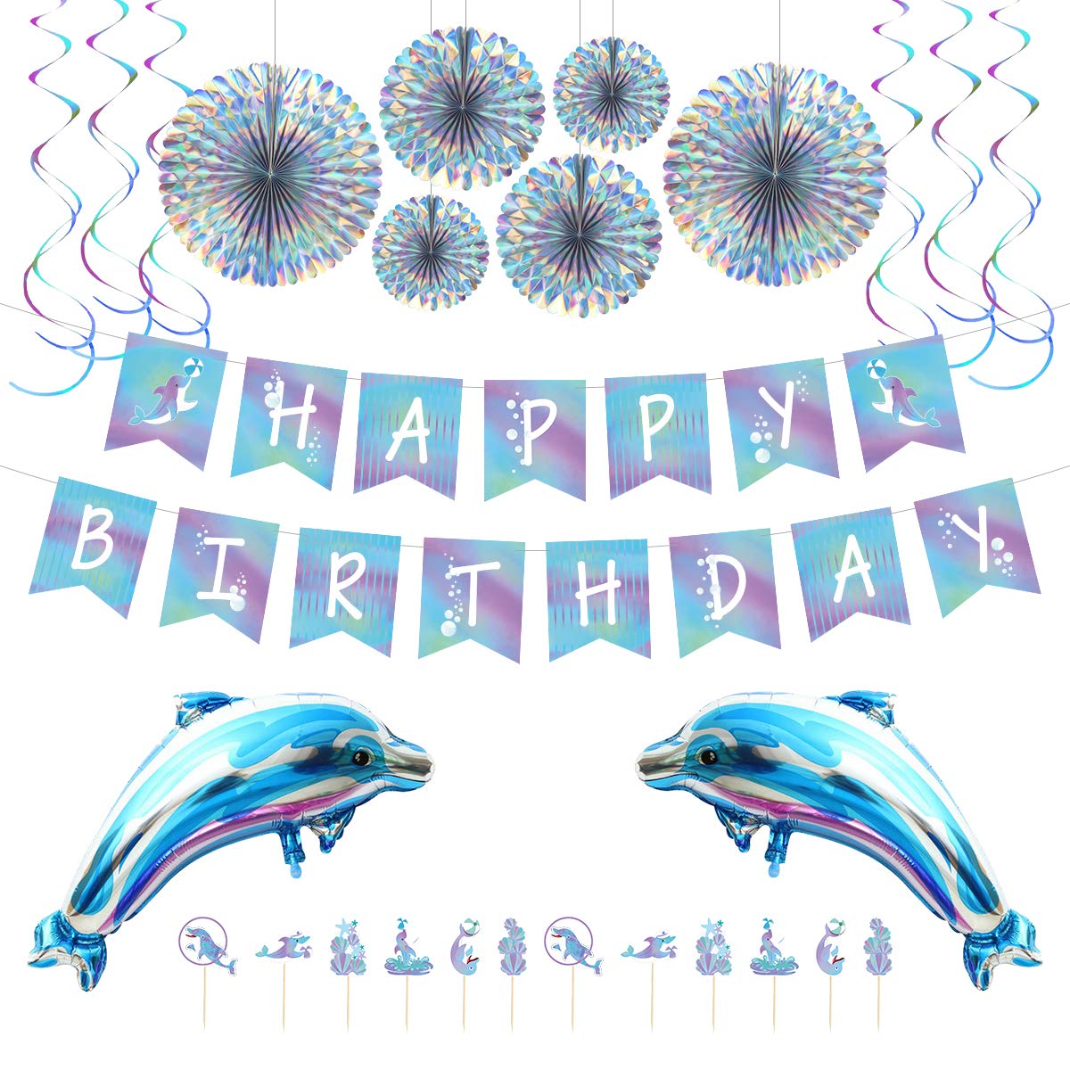 Dolphin Party Decoration Birthday Party Decoration Blue Party Decoration Ocean Party Decoration Include Balloons, Spiral Charms, Paper Fans, Cupcake Toppers, Happy Birthday Banner