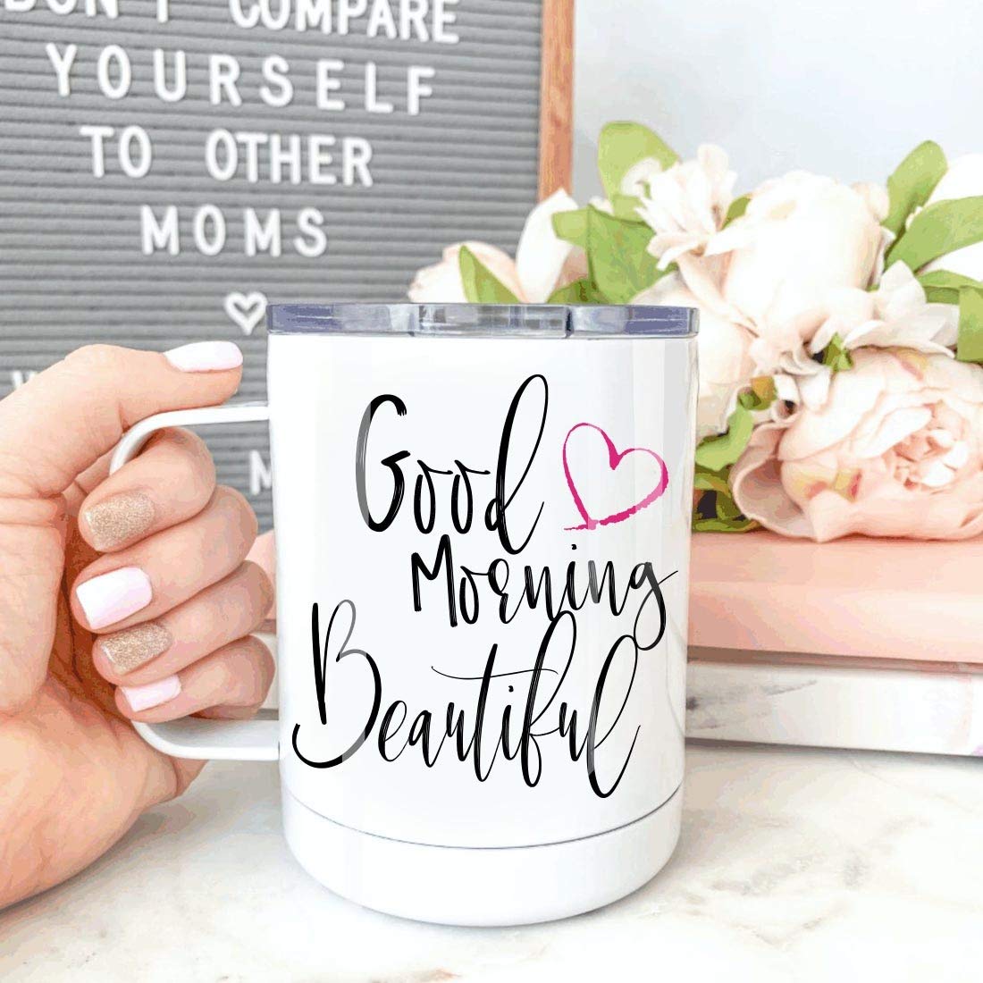 CHIEN-CHI LILI Good Morning Beautiful Tumbler Stainless Steel Insulated Wine Tumbler, Novelty Travel Mug Gifts for Beautiful Woman Mothers Day Boss Lady Wife Aunt Mom Grandma Daughter Her Lover Girl