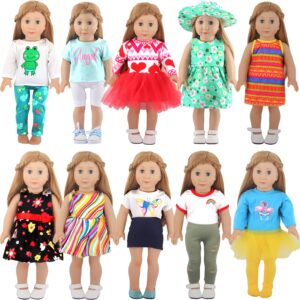 msyo 16 pcs 18 inch doll clothes and accessories, 10 complete sets of doll outfits, fashionable dresses, frog pajamas, doll pants and tights, mini skirt, doll costumes with hat for cute doll girls