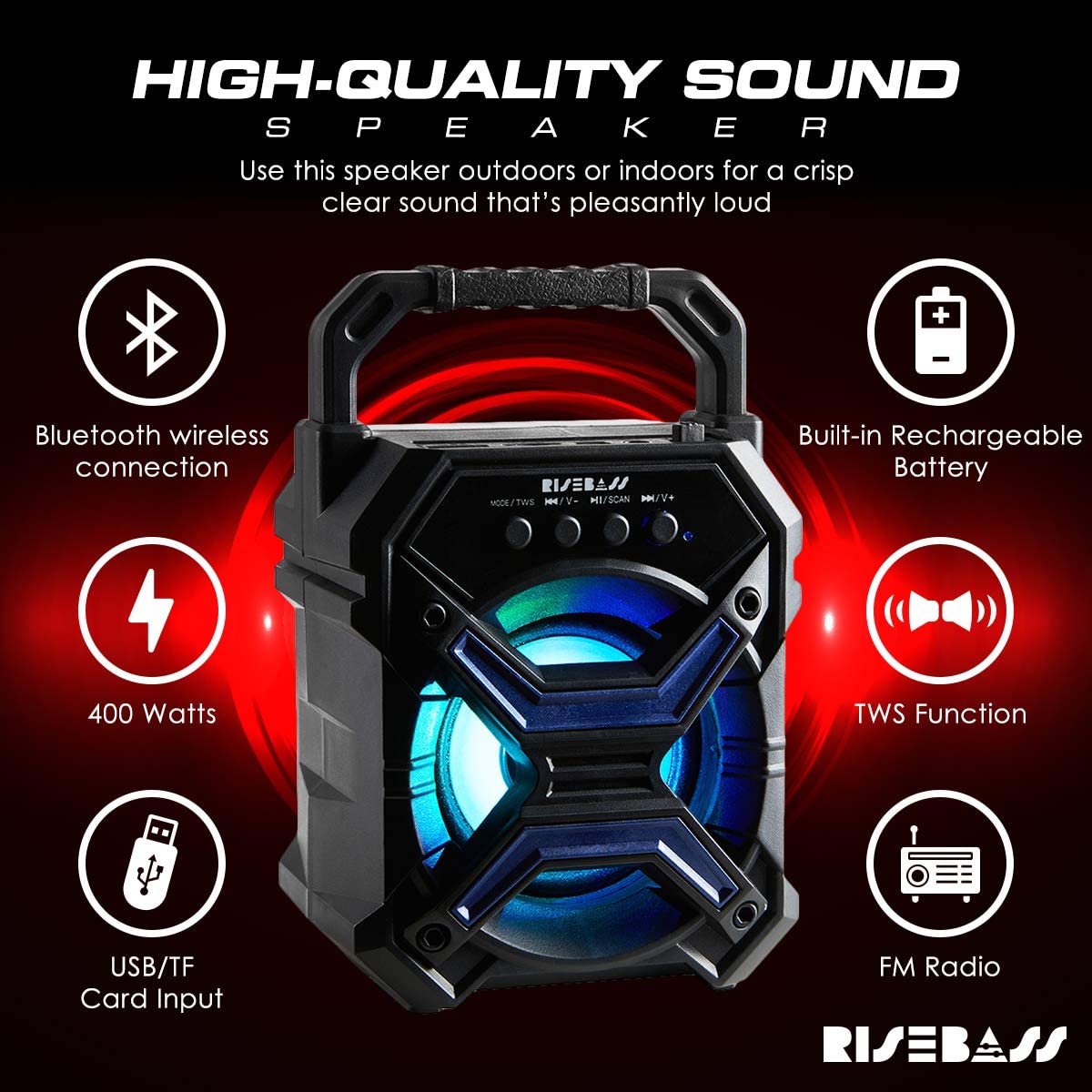 RISEBASS Portable Wireless Bluetooth Speaker for iPhone, Android, iPod and More - Rechargeable Bluetooth Speaker for Kids & Adults - Mini Speaker with Party Lights. Gifts for Kids